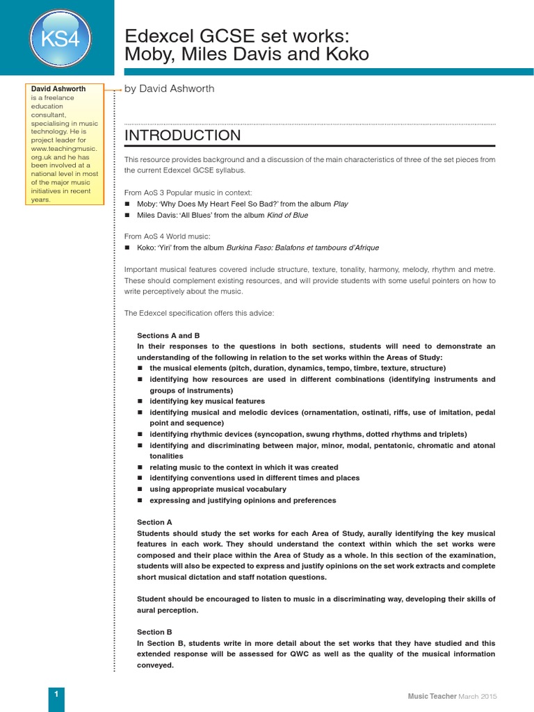 Edexcel GCSE Set Works: Moby, Miles Davis and Koko: by David Ashworth ...