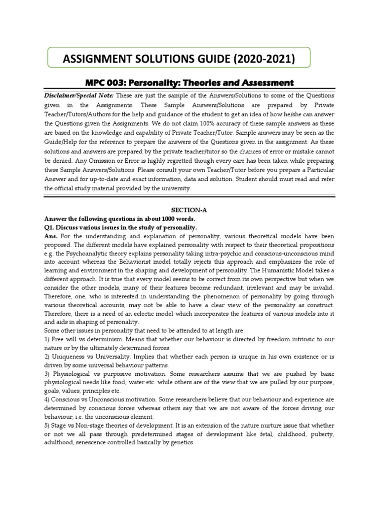 Assignment Solutions Guide (2020-2021) : MPC 003: Personality: Theories and Assessment | PDF ...