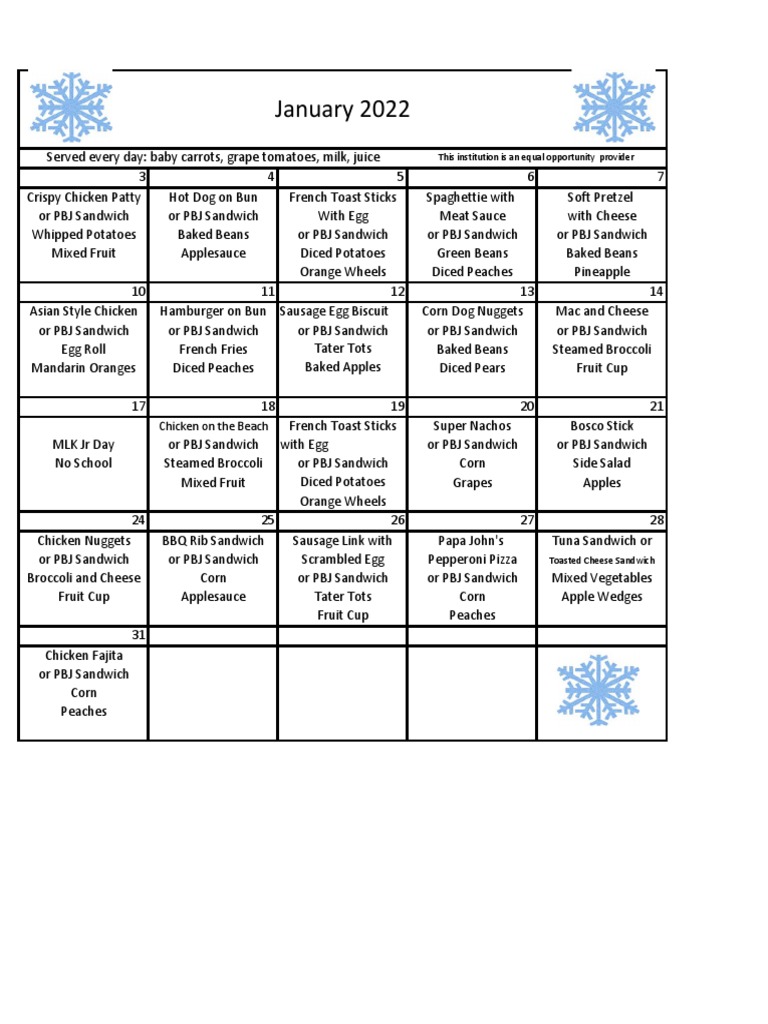 January 2022 Cafeteria Menu | PDF | Sausage | Hamburgers