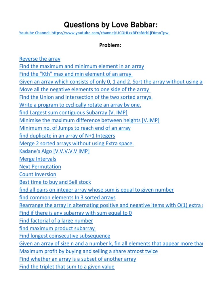 Questions by Love Babbar:: Problem | Descargar gratis PDF | String (Computer Science) | Matrix ...
