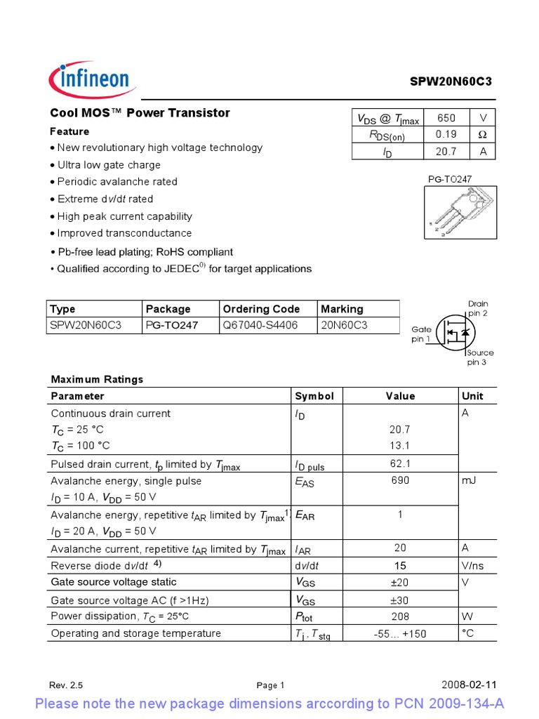 SPW20N60C3 Rev.2.5 PCN - 98472 | PDF | Electrical Engineering