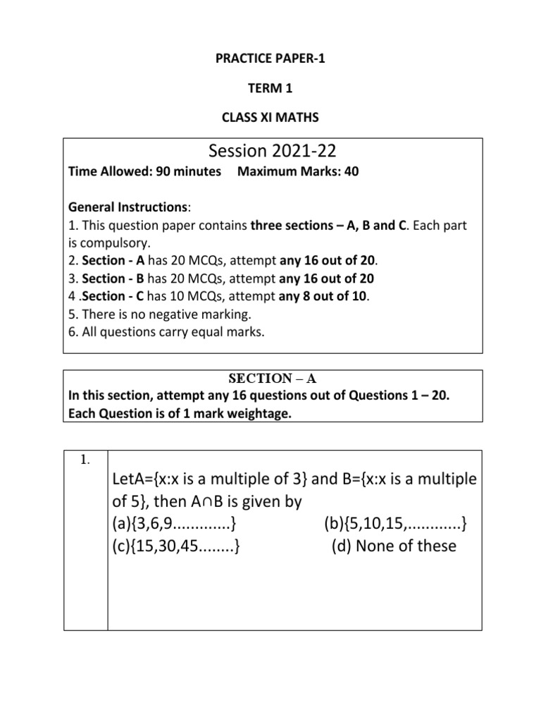 Class 11 Mathematics Practice Paper 01 | PDF | Statistics