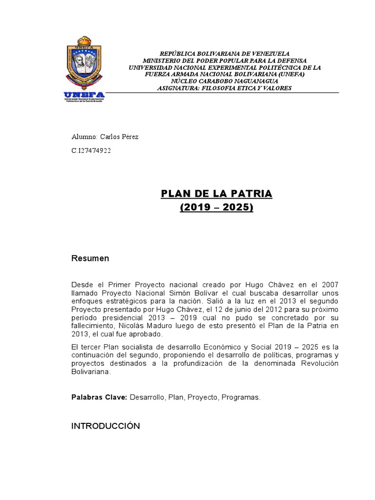 Plan de La Patria | PDF | Venezuela | Hugo Chavez