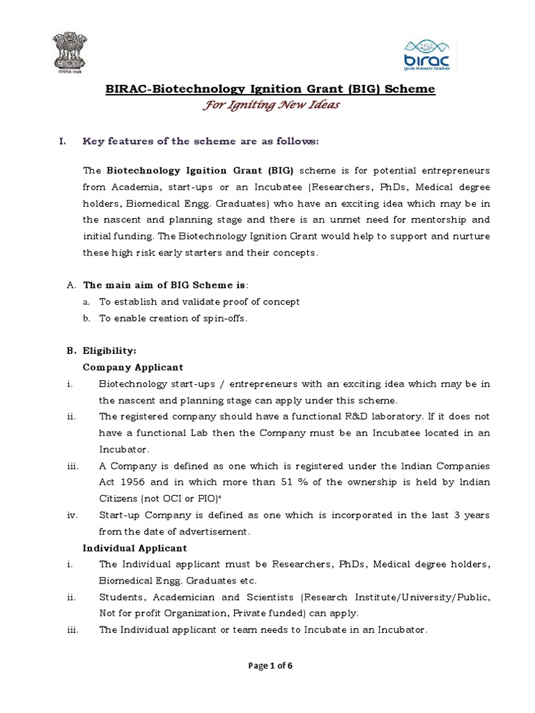 BIRAC-Biotechnology Ignition Grant (BIG) Scheme: I. Key Features of The ...