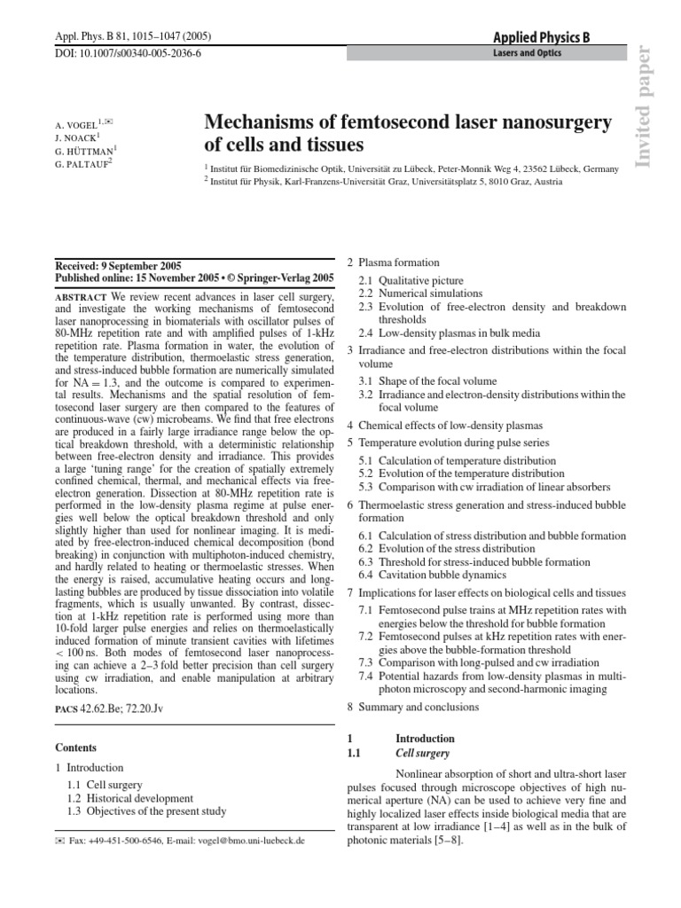Mechanisms of Femtosecond Laser Nanosurgery of Cells and Tissues | PDF ...