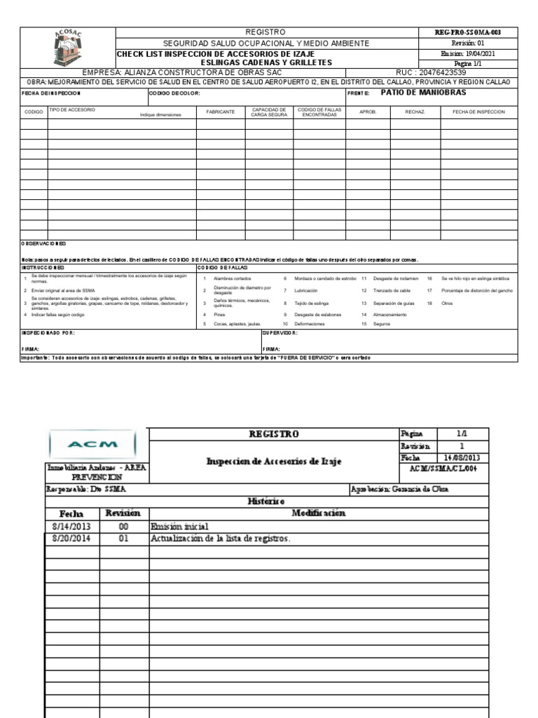 REG-PRO-SSOMA-003 Check List de Inspeccion de Izajes | PDF REG-PRO-SSOMA-003 Check List de Inspeccion de Izajes | PDF