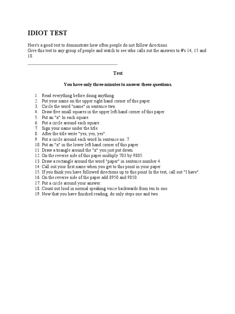 Idiot Test: Follow Directions Challenge | PDF | Language Arts ...