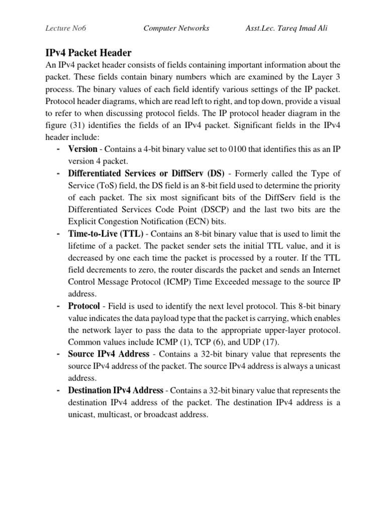 Ipv4 Packet Header Lecture No6 Pdf Ip Address Computer Network