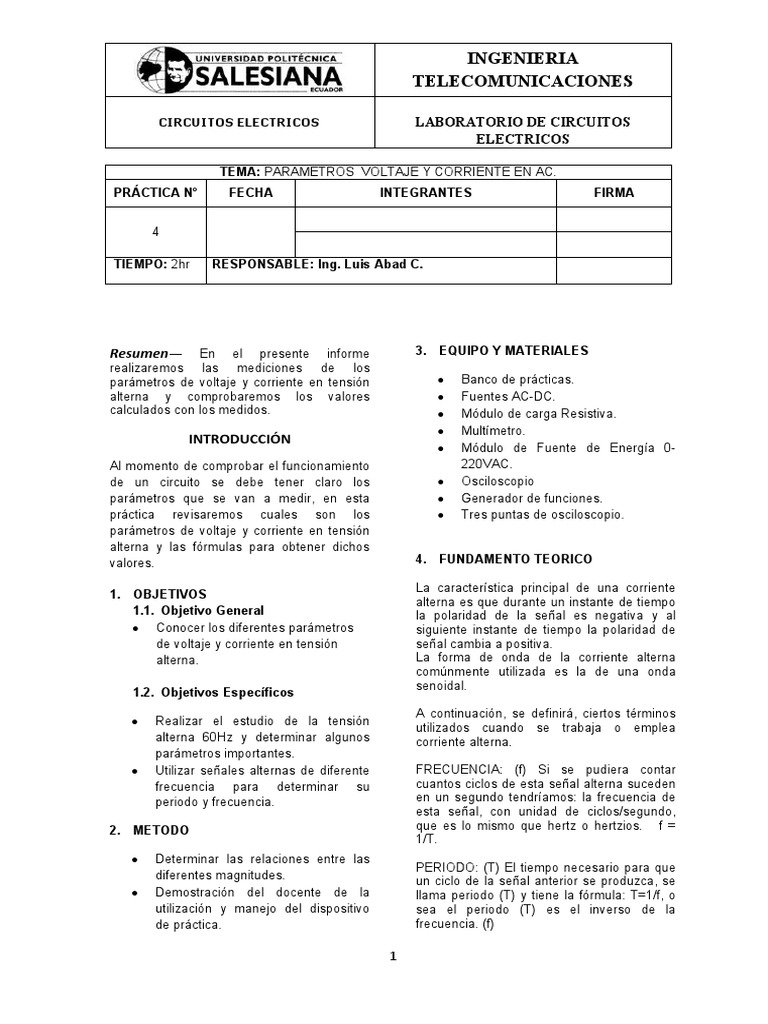 LabCirC Pract4 Parámetros de AC | PDF | voltaje | Corriente eléctrica