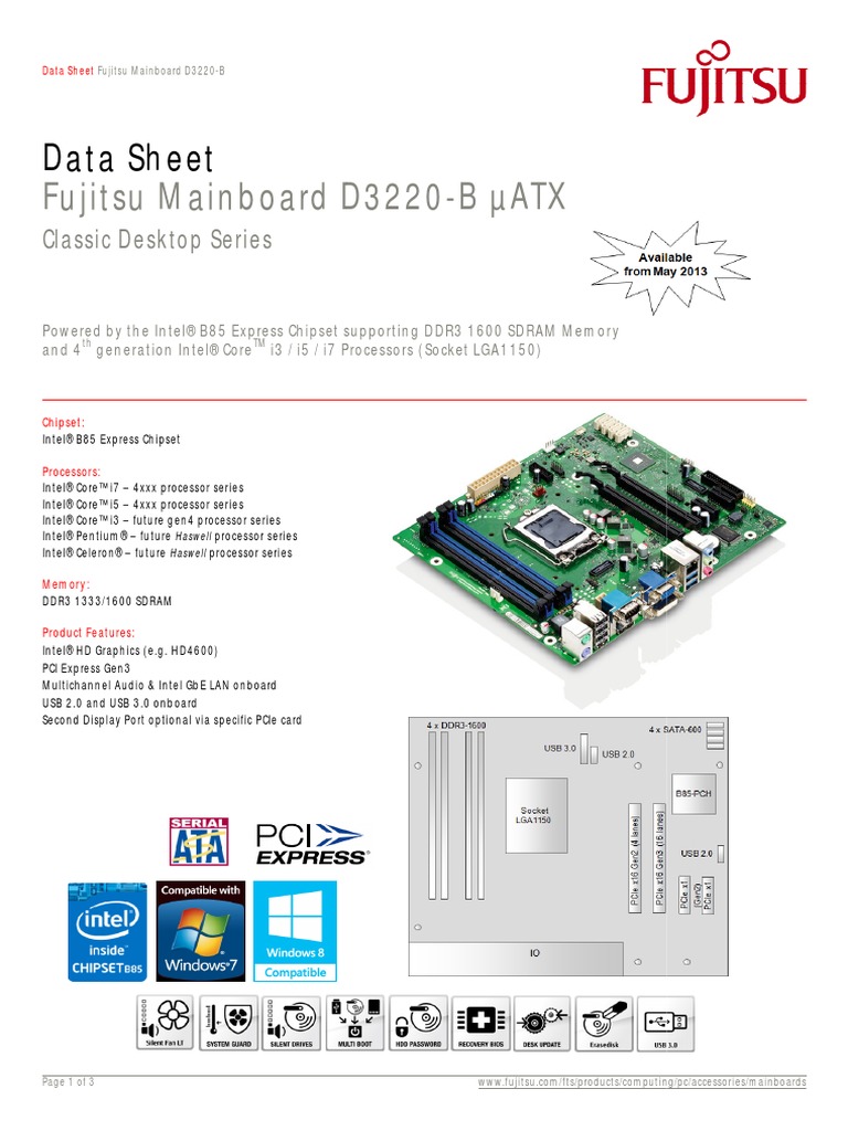 Fujitsu Mainboard D3 Mainboard D3220-B ATX: Data Sheet | PDF | Bios | Usb