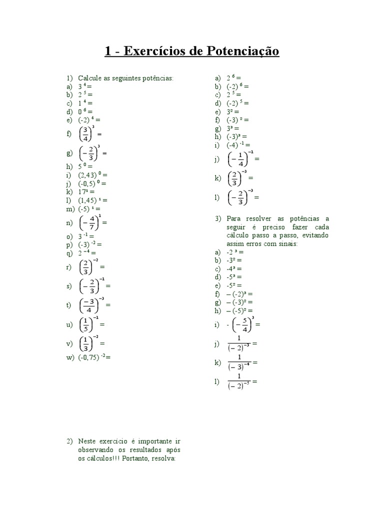 1 - Exercícios de Potenciação | PDF | Matemática | Analise matemática
