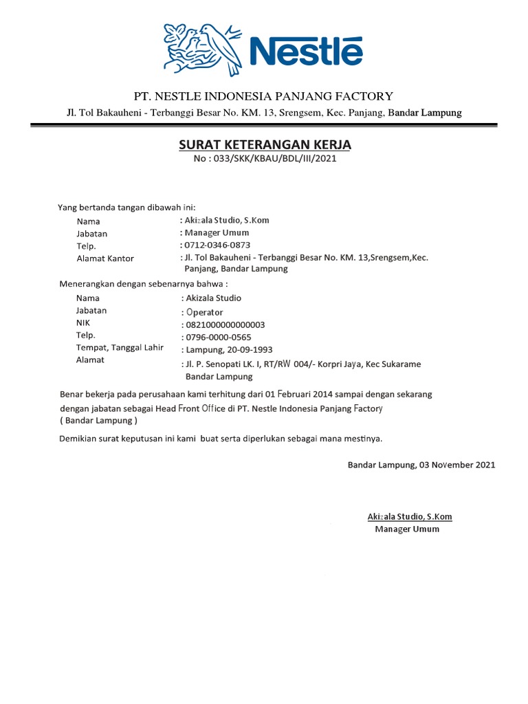 Contoh (SUKET) Surat Keterangan Kerja | PDF