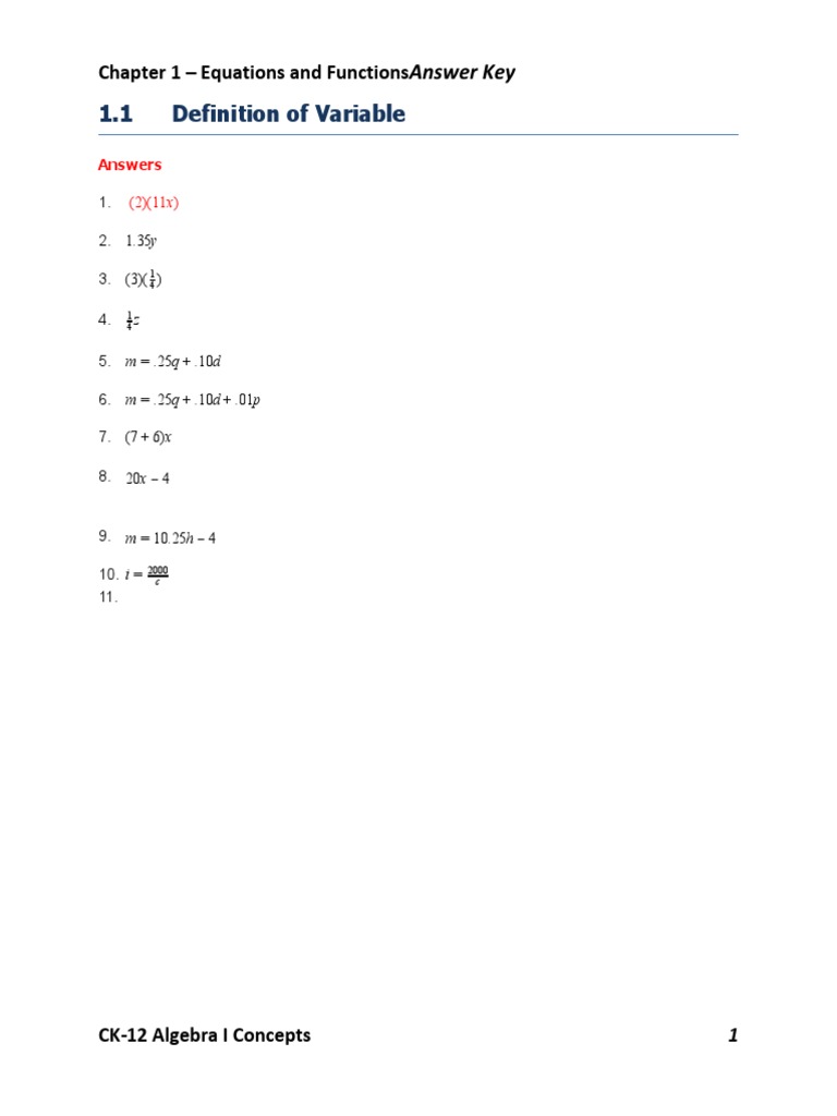 Answer Key - CK-12 Chapter 01 Algebra I Concepts | PDF | Algebra ...