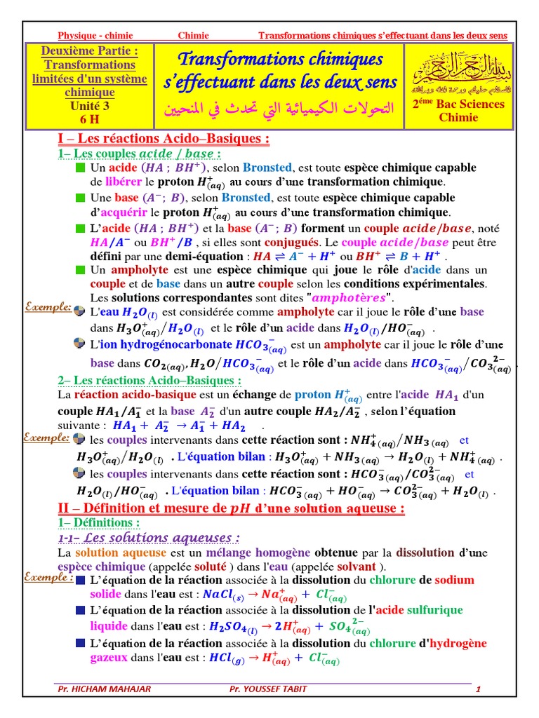 Transformations Chimiques S Effectuant Dans Les 2 Sens Cours 1 | PDF | Acide | Ph