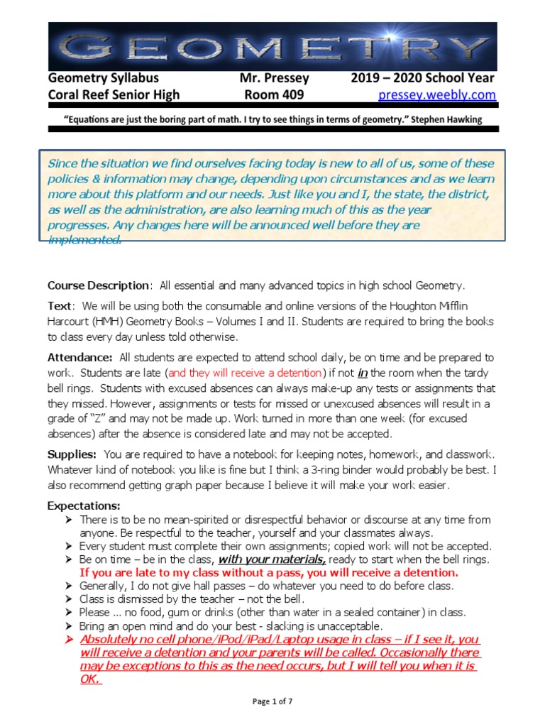 Geometry Syllabus Mr. Pressey 2019 - 2020 School Year Coral Reef Senior ...