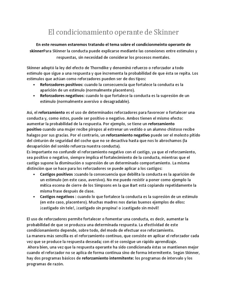 El Condicionamiento Operante de Skinner | PDF | Reforzamiento | Sicología