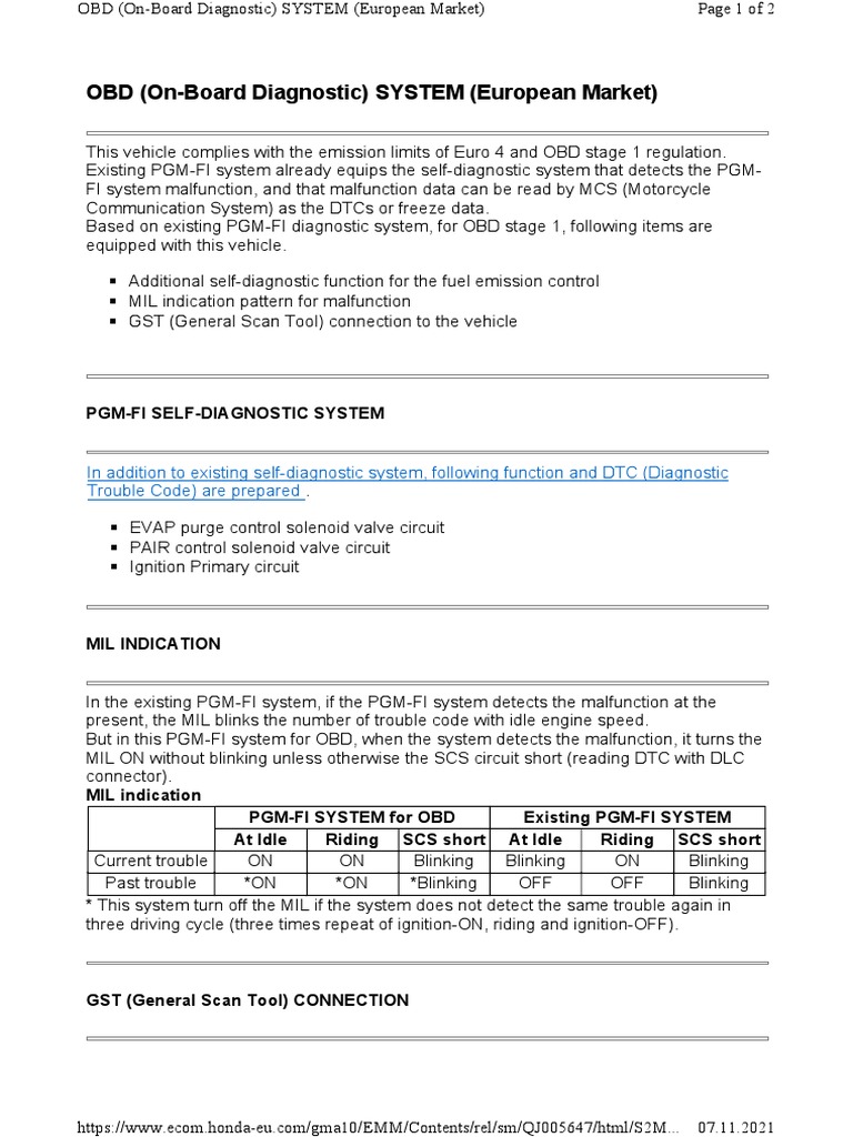 OBD (On-Board Diagnostic) SYSTEM (European Market) | PDF | Vehicles ...