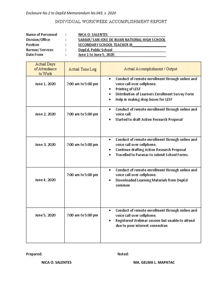 Individual Workweek Accomplishment Report: Enclosure No.2 To Deped ...