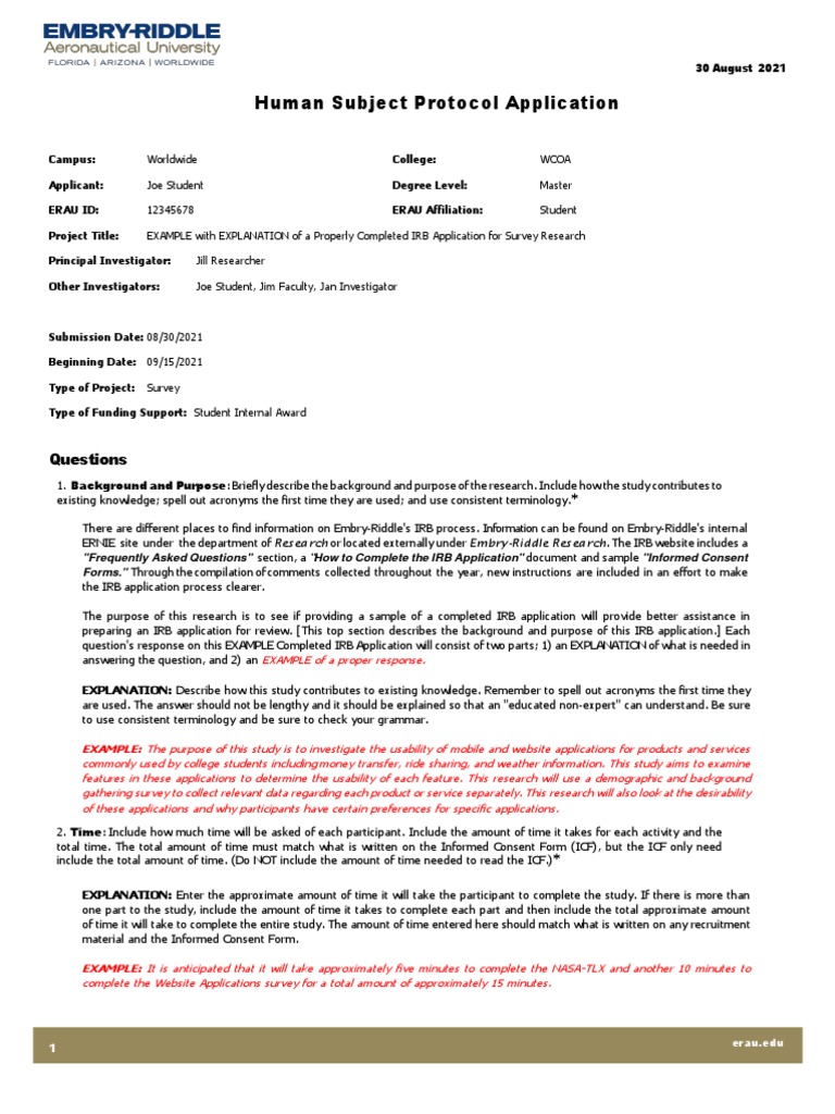 Example of Properly Completed Irb Application For Survey Research | PDF ...