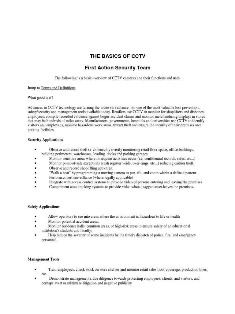 The Basics of CCTV First Action Security Team | PDF | Camera Lens | Video
