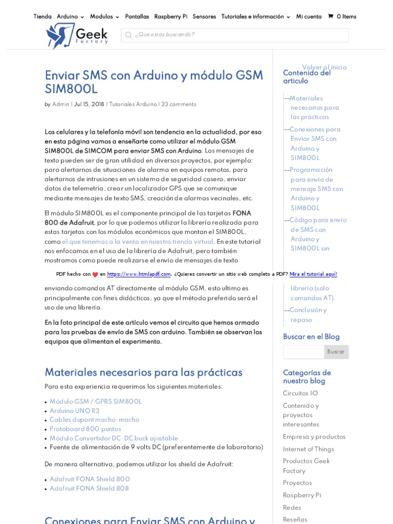 Enviar Sms Con Arduino Y Módulo Gsm Sim800l Geek Factory Pdf Arduino Telefonía Móvil