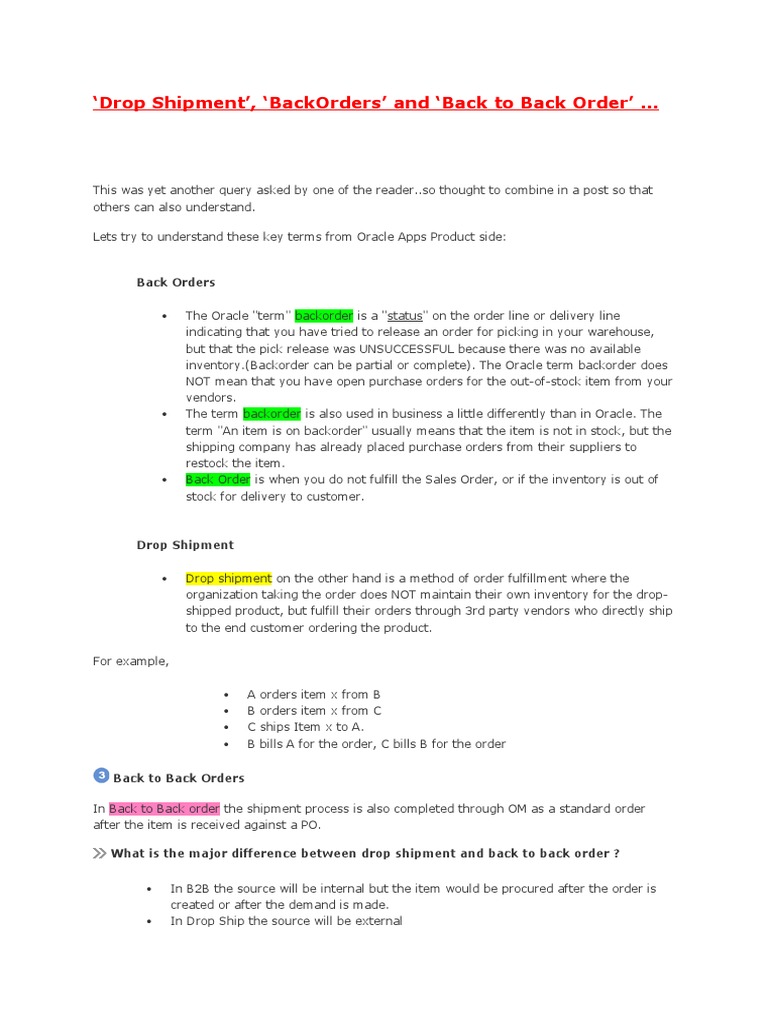 Drop Shipment Back Order and Back To Back Order in OM | PDF | Inventory ...