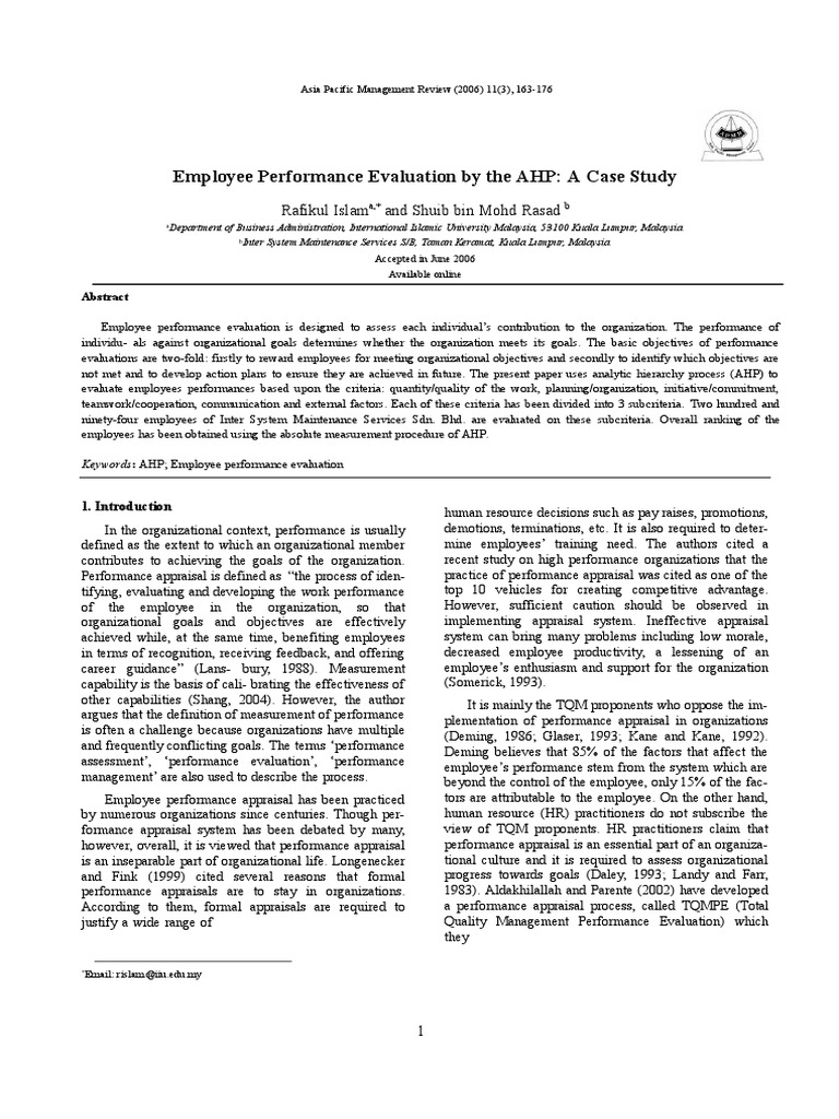 Employee Performance Evaluation by The AHP A Case Study | PDF ...