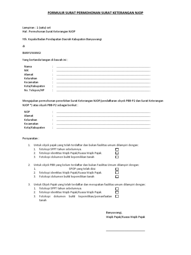 Formulir Surat Permohonan Surat Keterangan Njop | PDF
