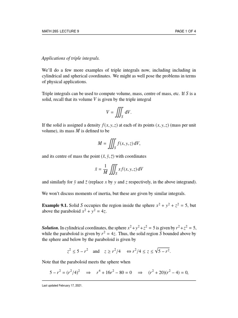 Applications of Triple Integrals. | PDF | Integral | Volume