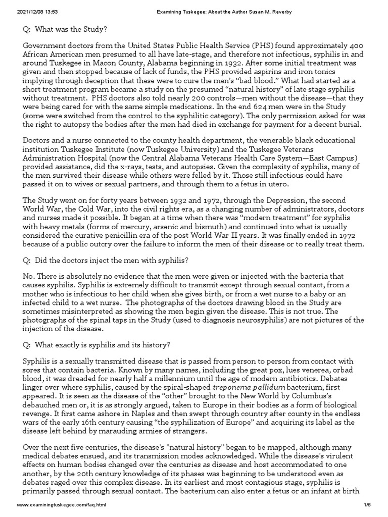 Tuskegee Syphilis Study Overview | PDF | Medical Humanities | Diseases ...