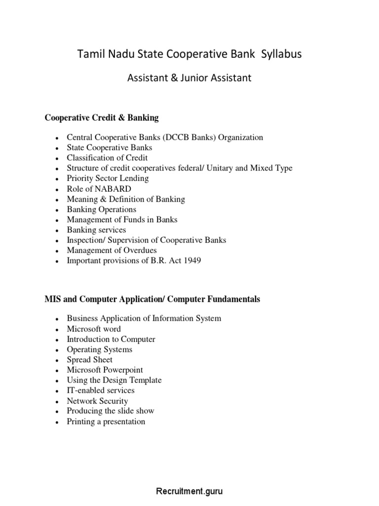 TNSC Bank Asst & Jr. Asst Syllabus | PDF | Cooperative | Banks