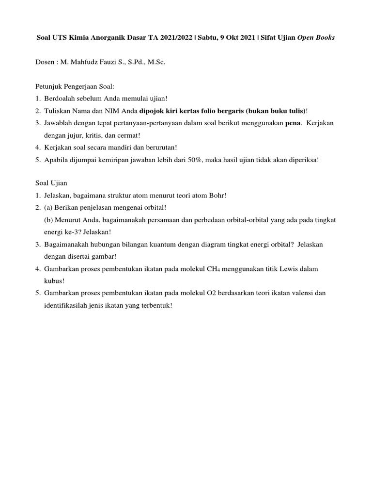 Soal UTS Kimia Anorganik 2021/2022 | PDF