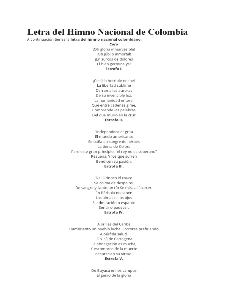 Letra Del Himno Nacional De Colombia Pdf