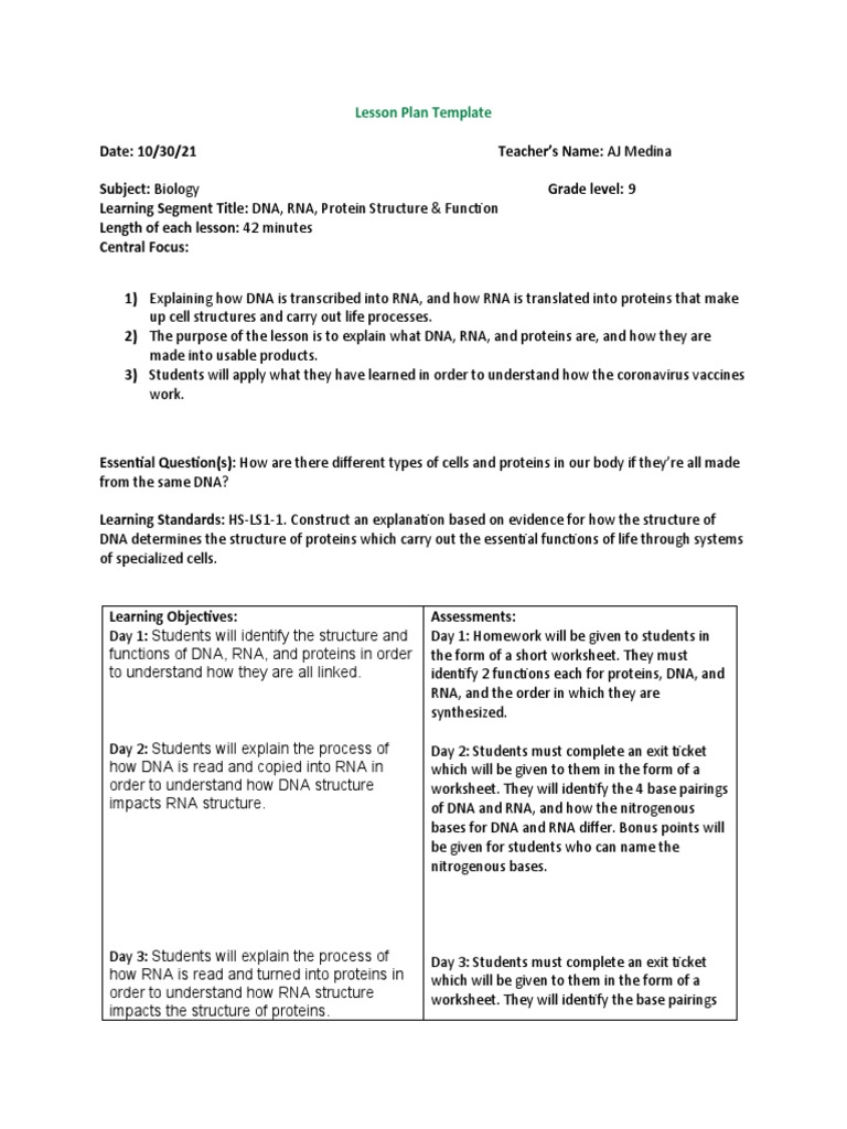 Lesson Plan | PDF | Translation (Biology) | Dna