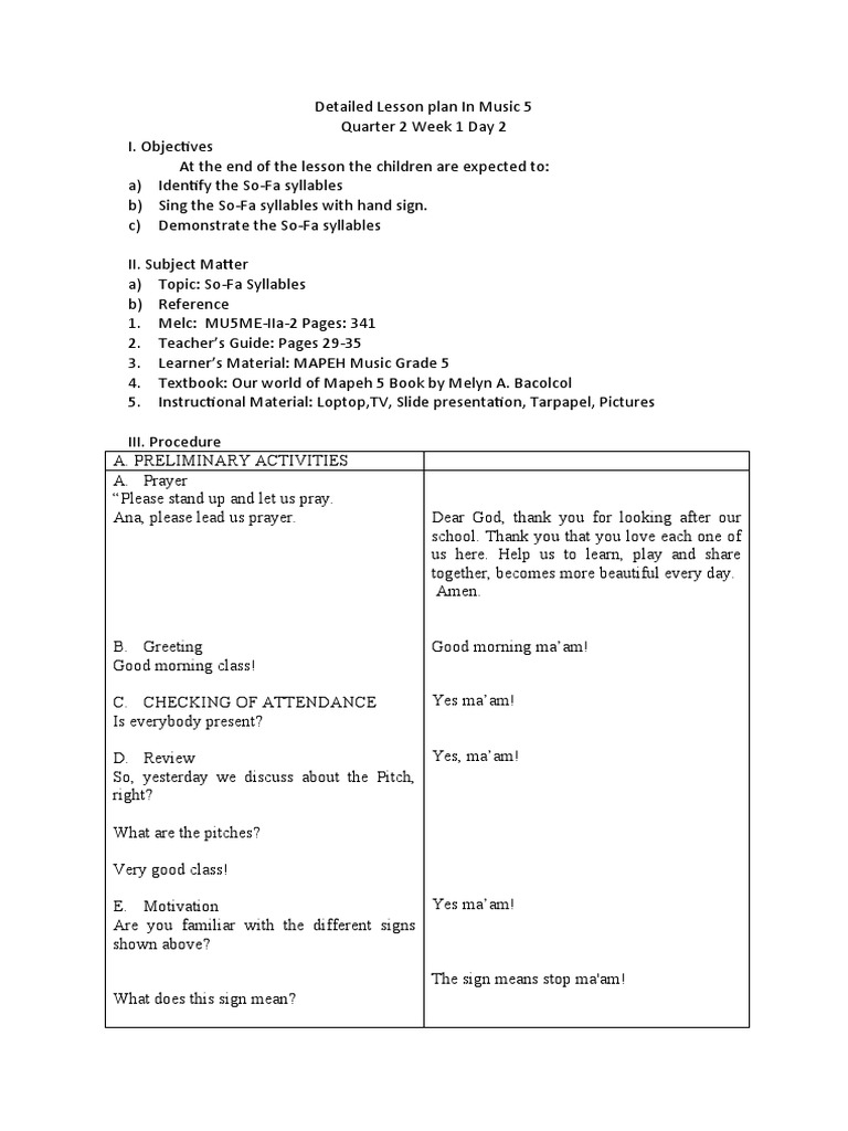 Grade 5 Music Lesson Plan: So-Fa Syllables | PDF | Cognition | Lesson Plan