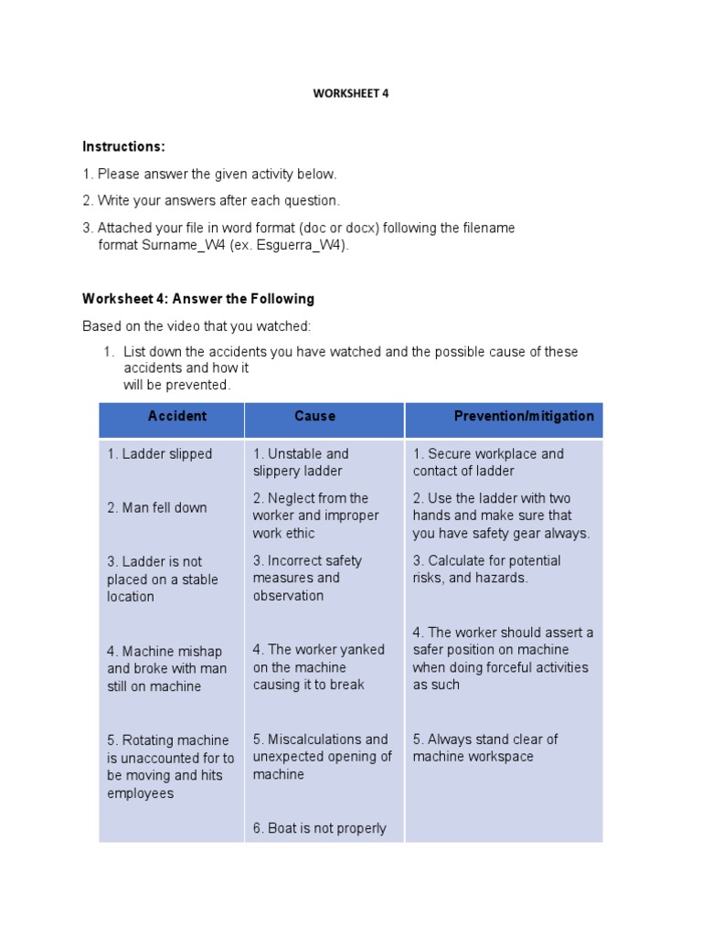 Instructions:: Worksheet 4 | PDF | Safety