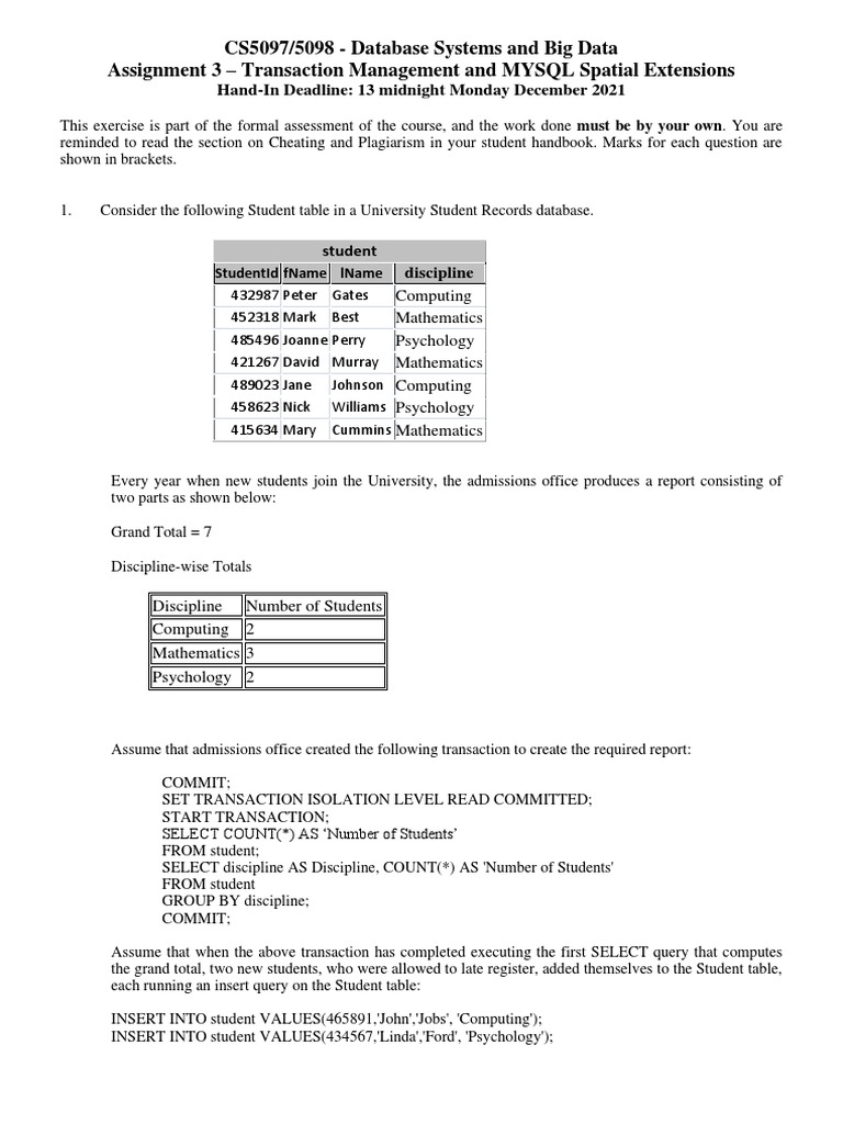 CS5097/5098 - Database Systems and Big Data Assignment 3 - Transaction Management and MYSQL ...