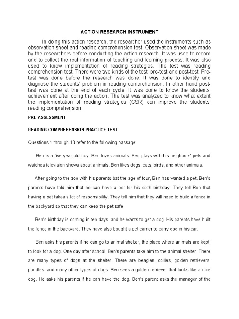 Action Research Instrument: Pre-Assessment Reading Comprehension ...