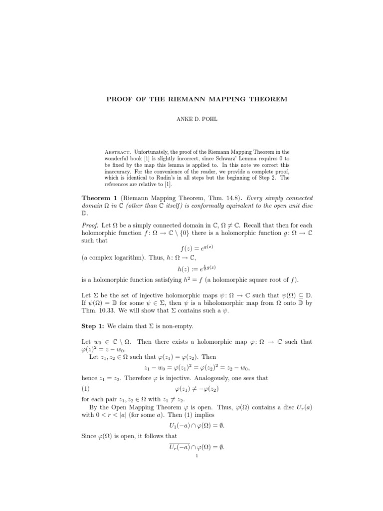 Proof Of The Riemann Mapping Theorem Pdf Holomorphic Function