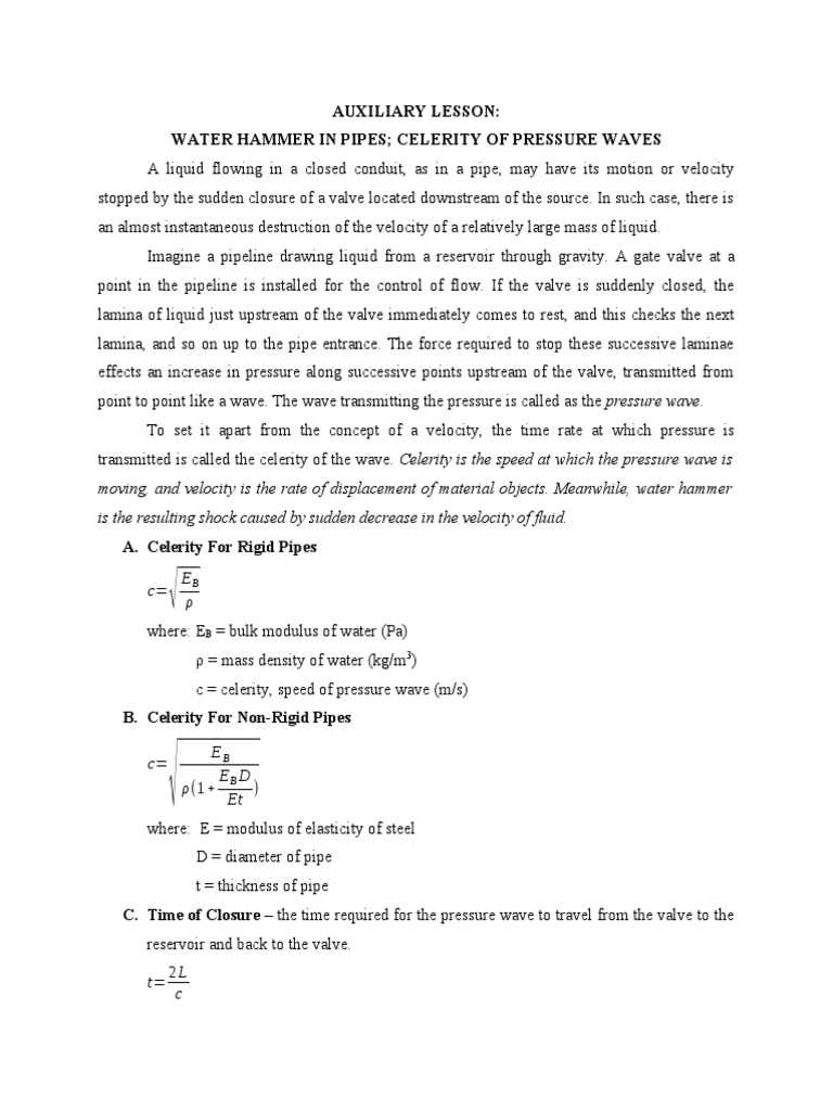 Auxiliary Lesson - Water Hammer | PDF | Liquids | Motion (Physics)