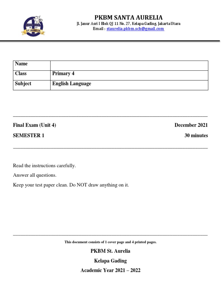 Grade 4 - English - Unit 4 - Final Exam | PDF