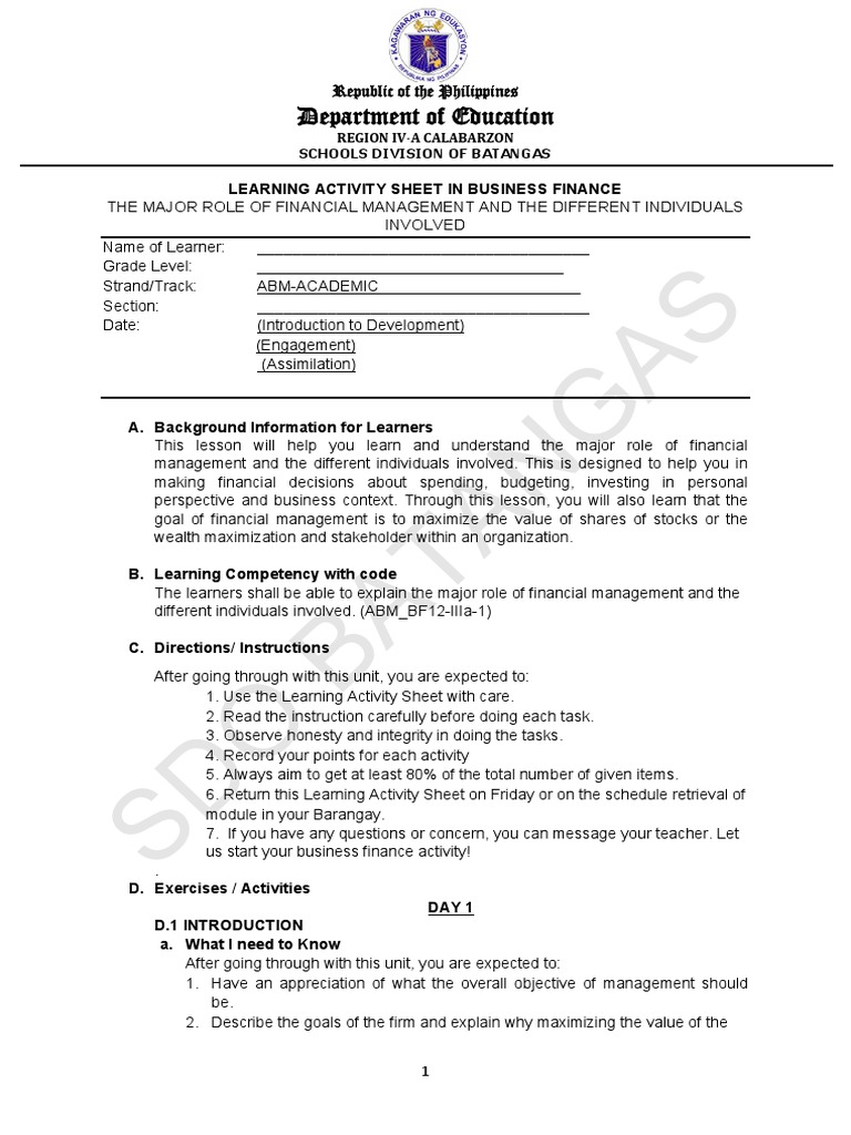 Las-Business-Finance-Q1 Week 1 | PDF | Financial Capital | Stocks