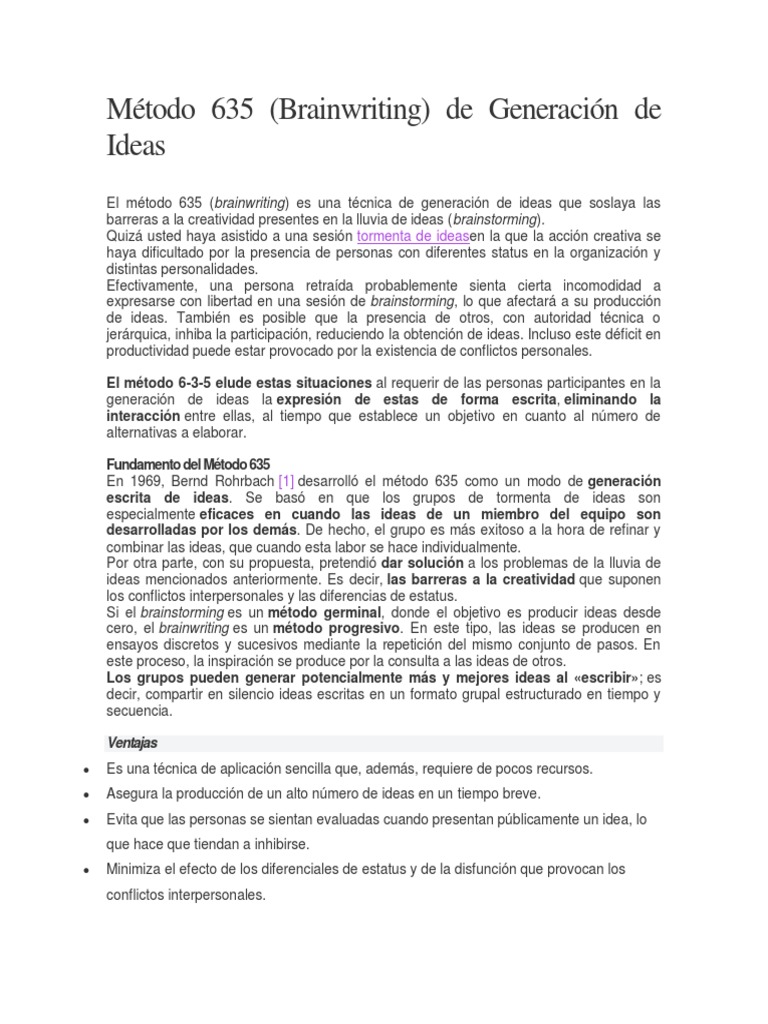 Método 635 Emprendedor | PDF | Lluvia de ideas | Grupo de trabajo
