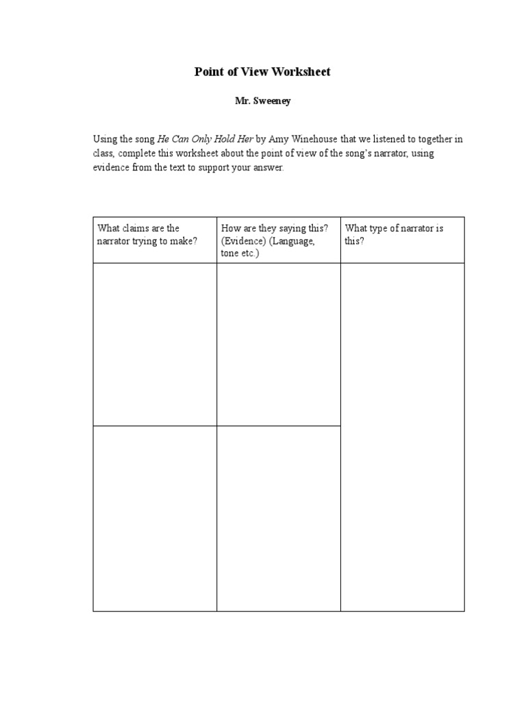 Ed 206 - Point of View Worksheet 1 | PDF | Narration | The Yellow Wallpaper