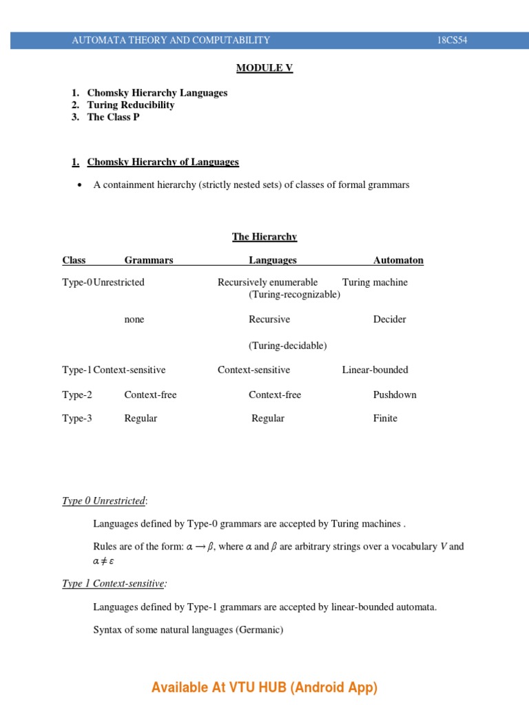 Chomsky Hierarchy Languages 2. Turing Reducibility 3. The Class P | Download Free PDF | Time ...
