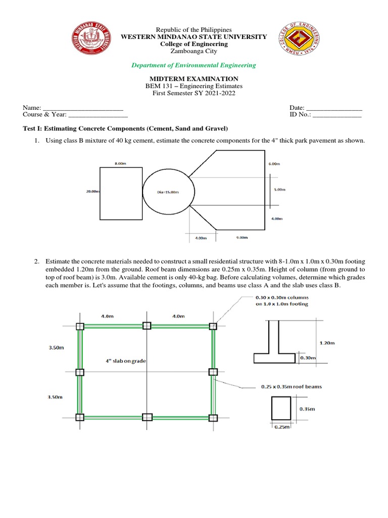 Midterm Exam Estimating Concrete, CHB and Mortar Quantities | PDF ...