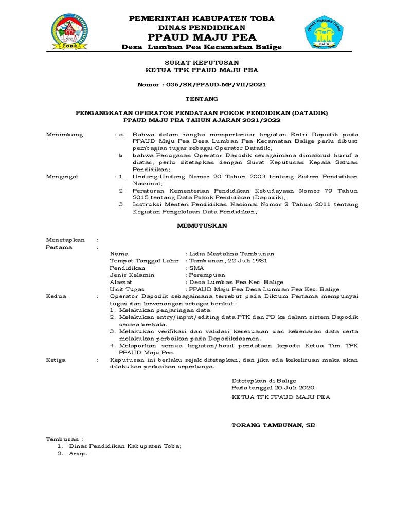 Contoh Format SK Operator | PDF