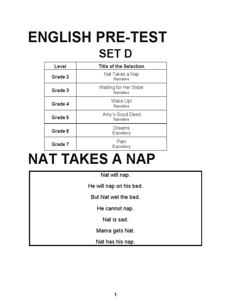 English Pre-Test: Nat Takes A Nap | PDF | Dream | Pain