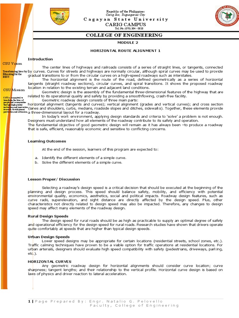 Module 2 (Horizontal Route Alignment 1) | PDF | Tangent | Geometry