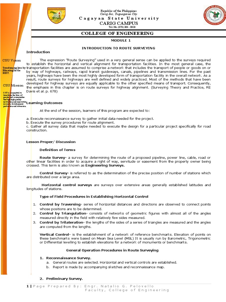 Module 1 (Introduction To Route Surveying) | PDF | Surveying